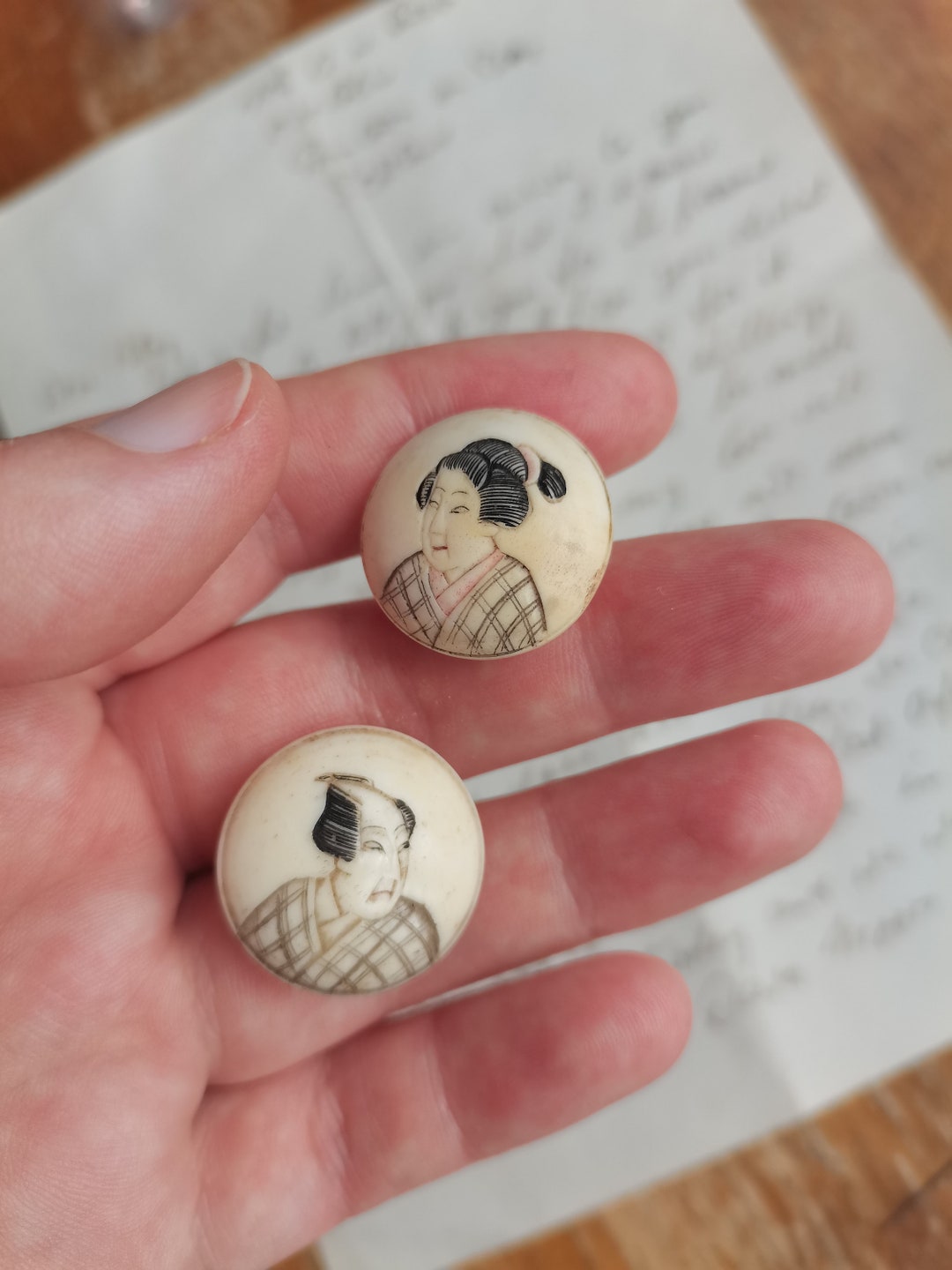 Pair of Possible Antique Japanese "scrimshaw" Buttons Depicting Two of ...