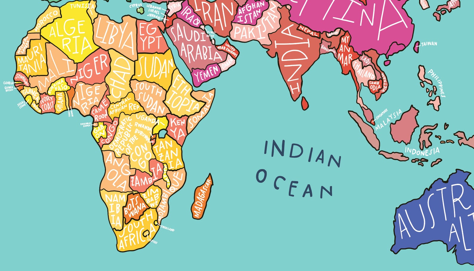 Hand-drawn World Map Colorful World Map Large Map Poster Classroom Map ...