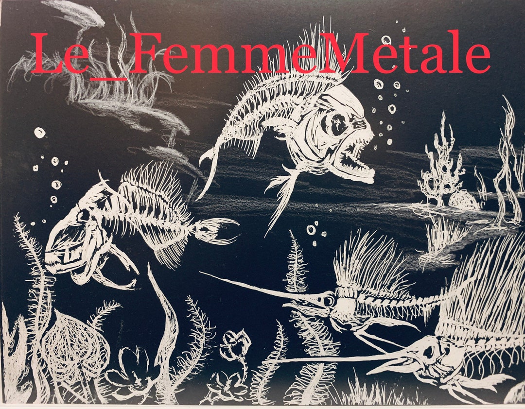 Skeleton Fish Bones Underwater Deep Sea Ink Art 12x9 on Black Paper ...