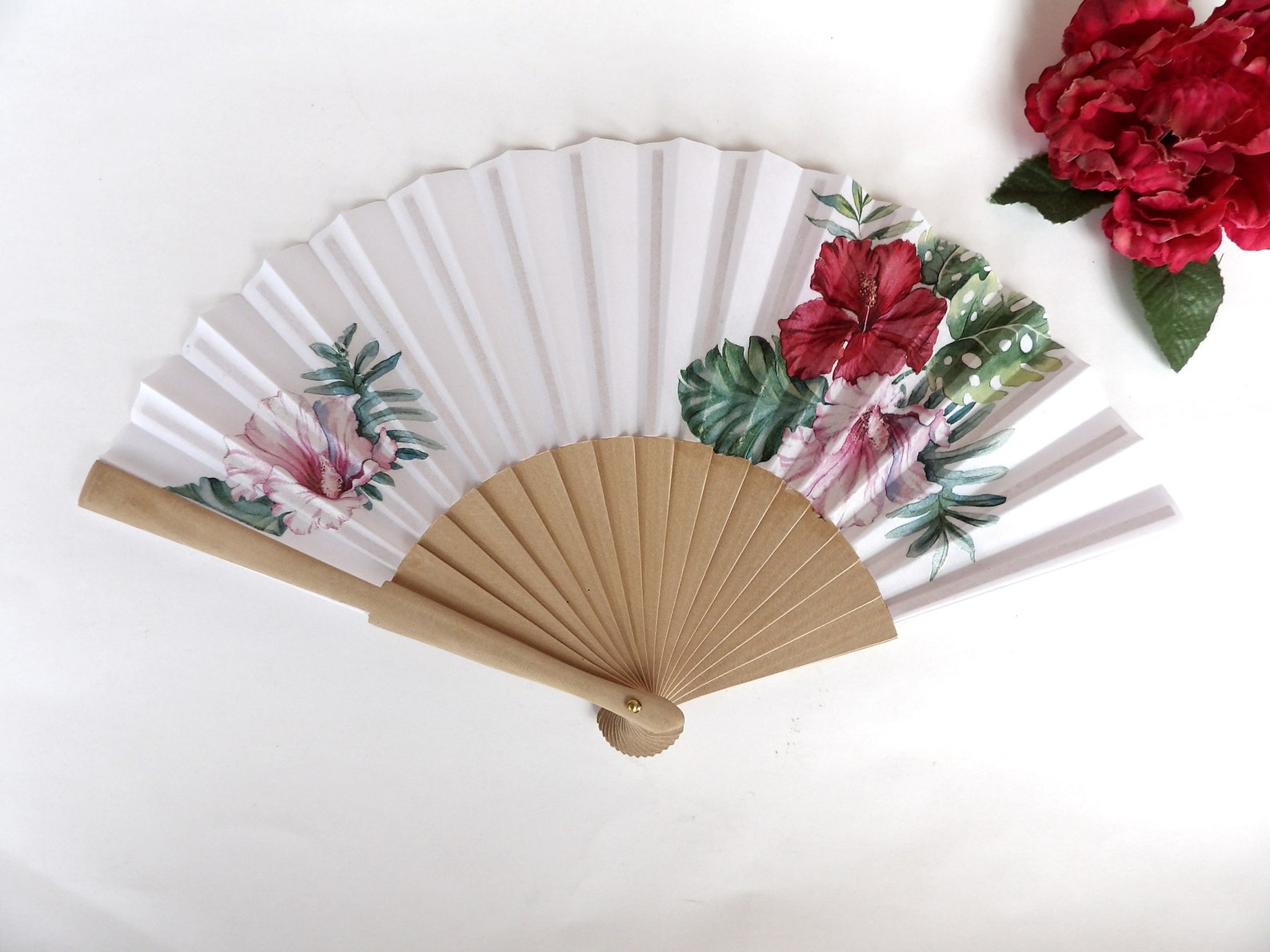 Hibiscus Flowers Hand Fan, Floral Holding Fan, Evening or Wedding Dress ...
