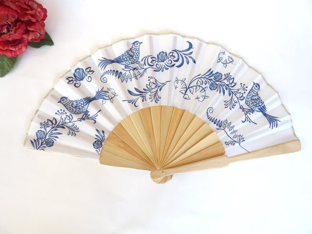 Blue Hand Fan, Floral Holding Fan, Evening or Wedding Dress Accessory ...