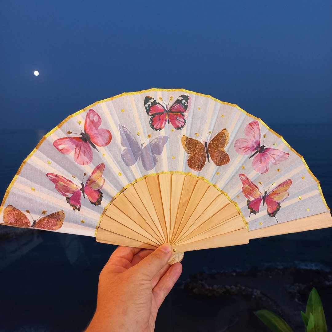Pink Butterfly Hand Fan, Feather Holding Fan, Wedding Gift, Bride ...