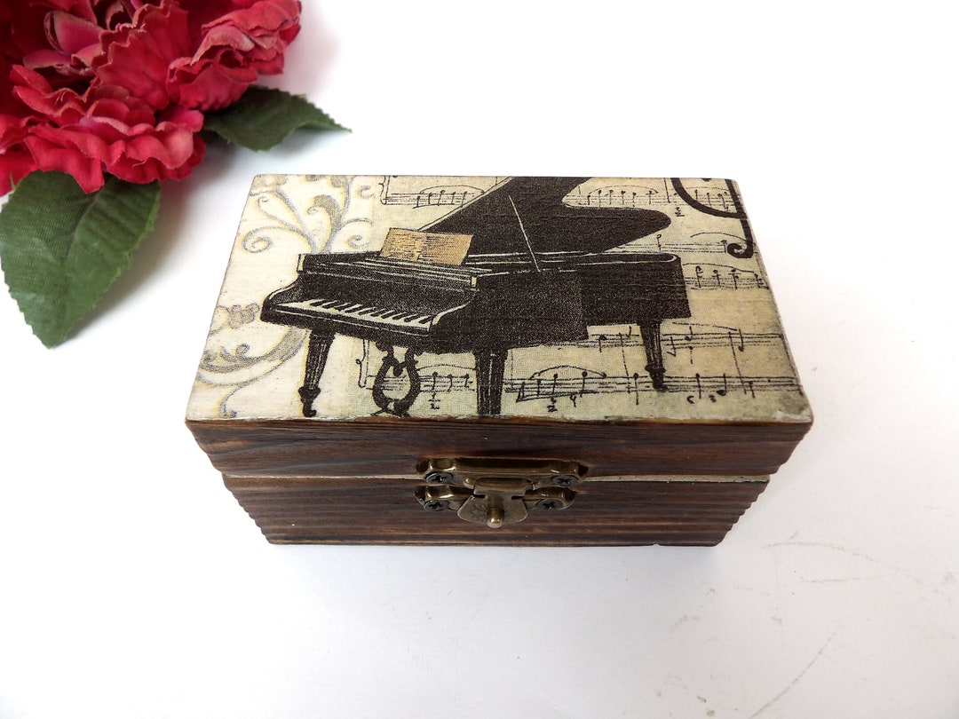 Wooden Jewelry Box With Piano and Notes, Small Shabby Chic Box for ...