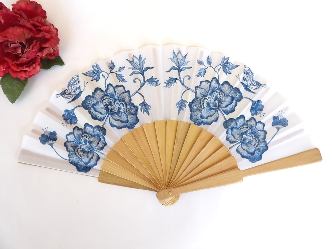 Blue Hand Fan, Floral Holding Fan, Evening or Wedding Dress Accessory ...