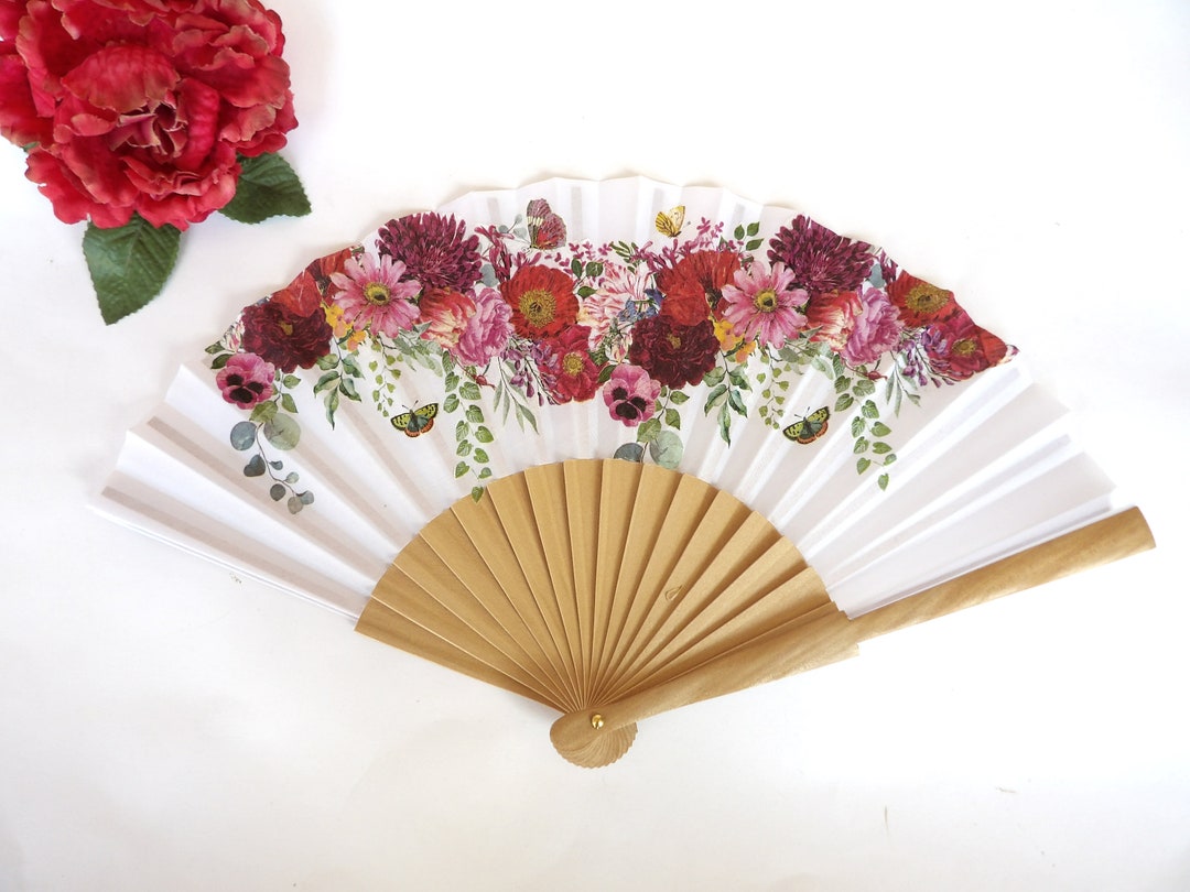 Red Flowers Hand Fan, Floral Folding Fan, Wedding Hand Fan, Scllop ...