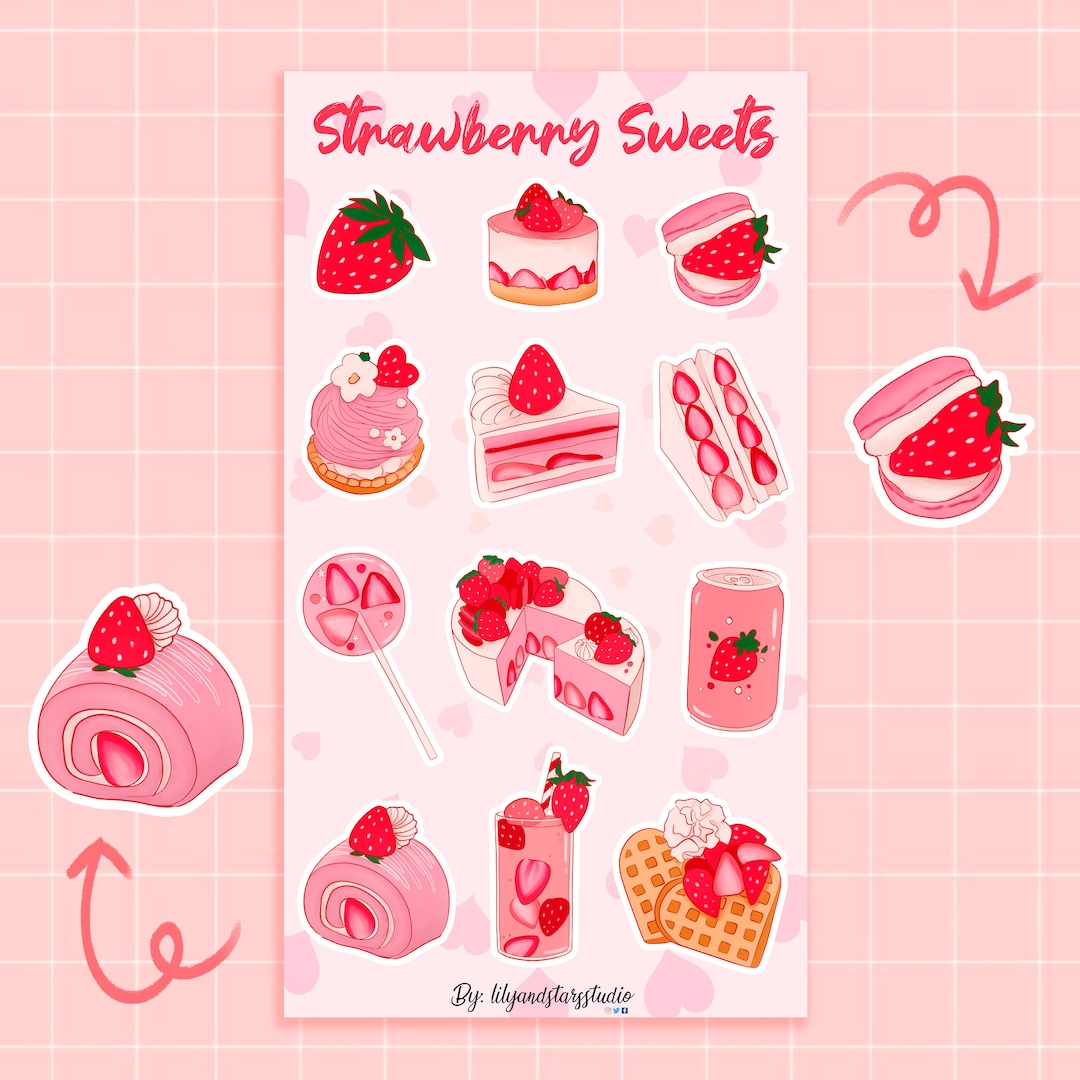 Strawberry Sticker Sheet • Kawaii Aesthetic Cake • Cute Desserts • Pink ...