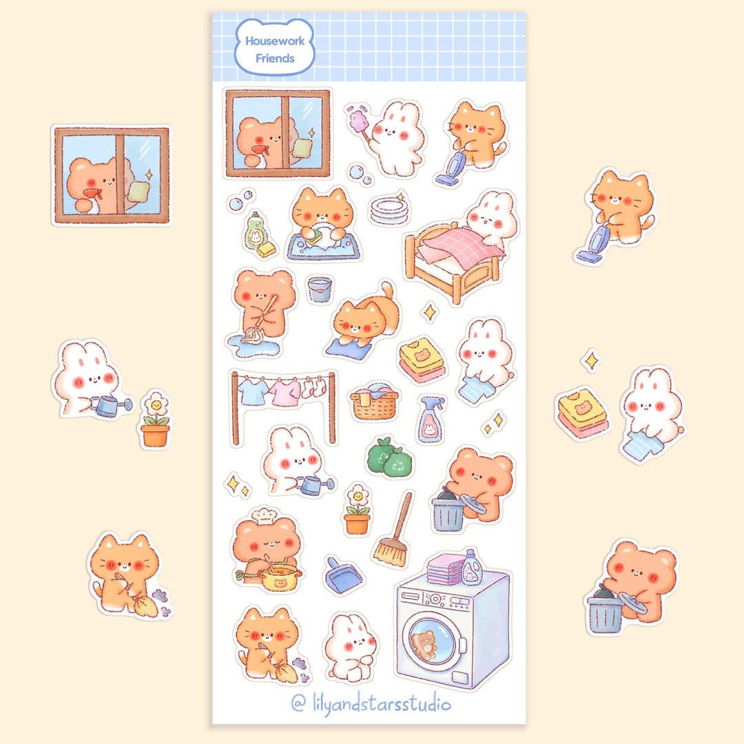 Housework Friends Sticker Sheet • Hand Drawn • Kawaii Cleaning • Matte ...