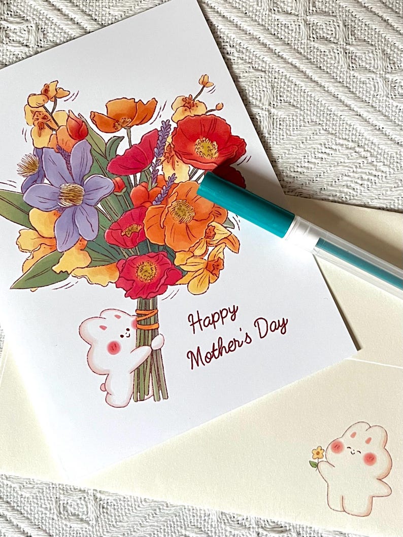 Happy Mother's Day Card • Bunny With Spring Bouquet (4.25 X 5.5 In) - Etsy