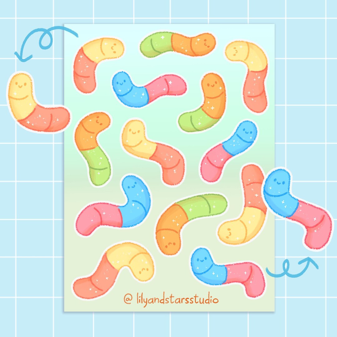 Gummy Worms Sticker Sheet Hand Drawn Kawaii Design Cute Food Stickers ...