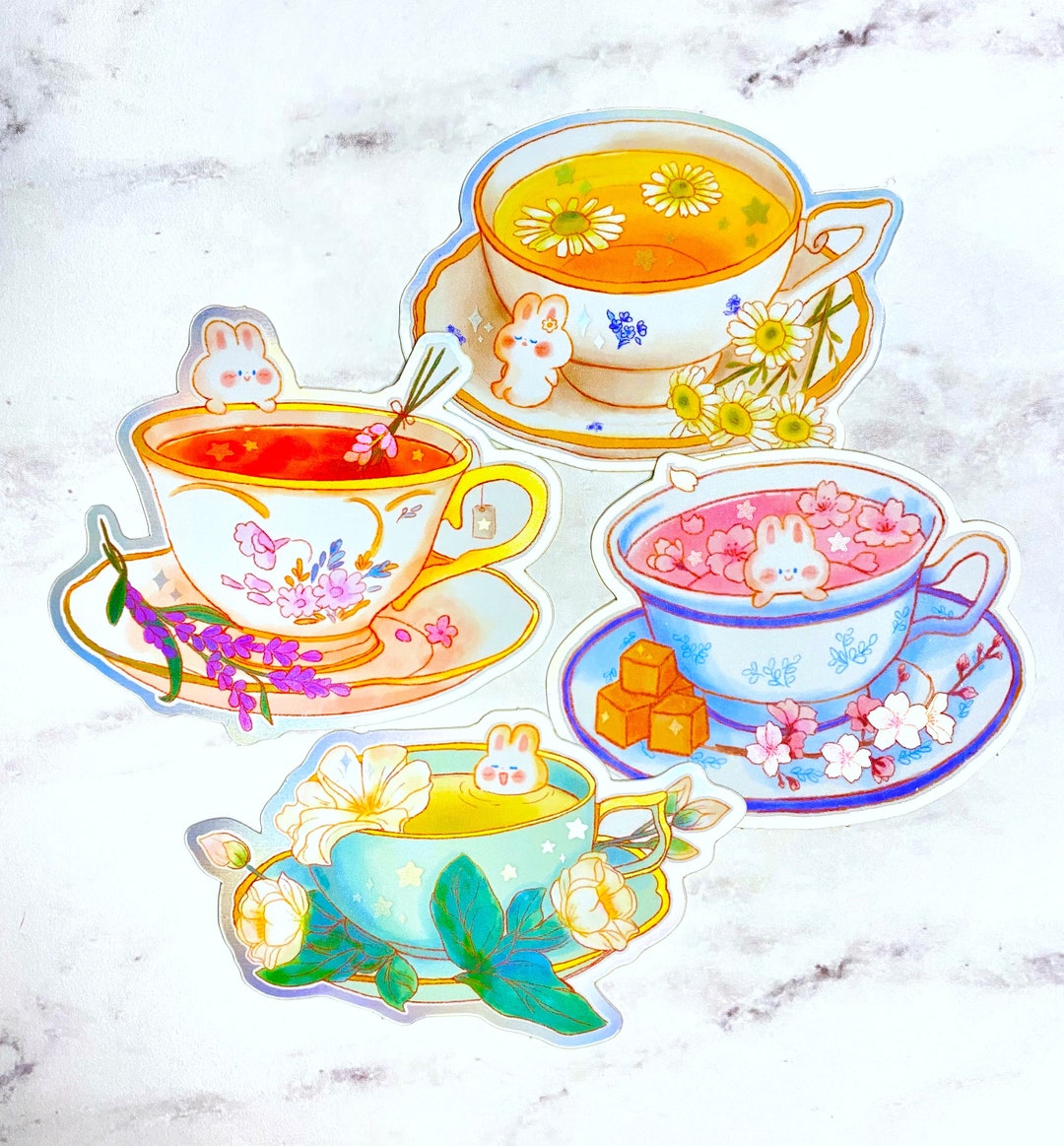 Flower Tea Bunny Stickers Waterproof Sticker Matte Holographic Cute ...