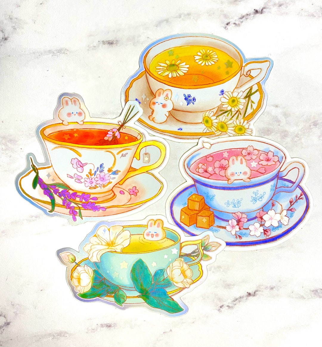 Flower Tea Bunny Sticker • Waterproof Matte Holographic Decal - Etsy