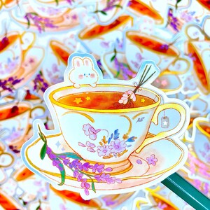 Flower Tea Bunny Stickers Waterproof Sticker Matte Holographic Cute ...