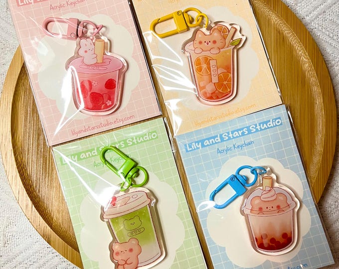 Cute Boba Keychain • Bear and Bunny Bubble Tea • Cute Cat • Kawaii ...