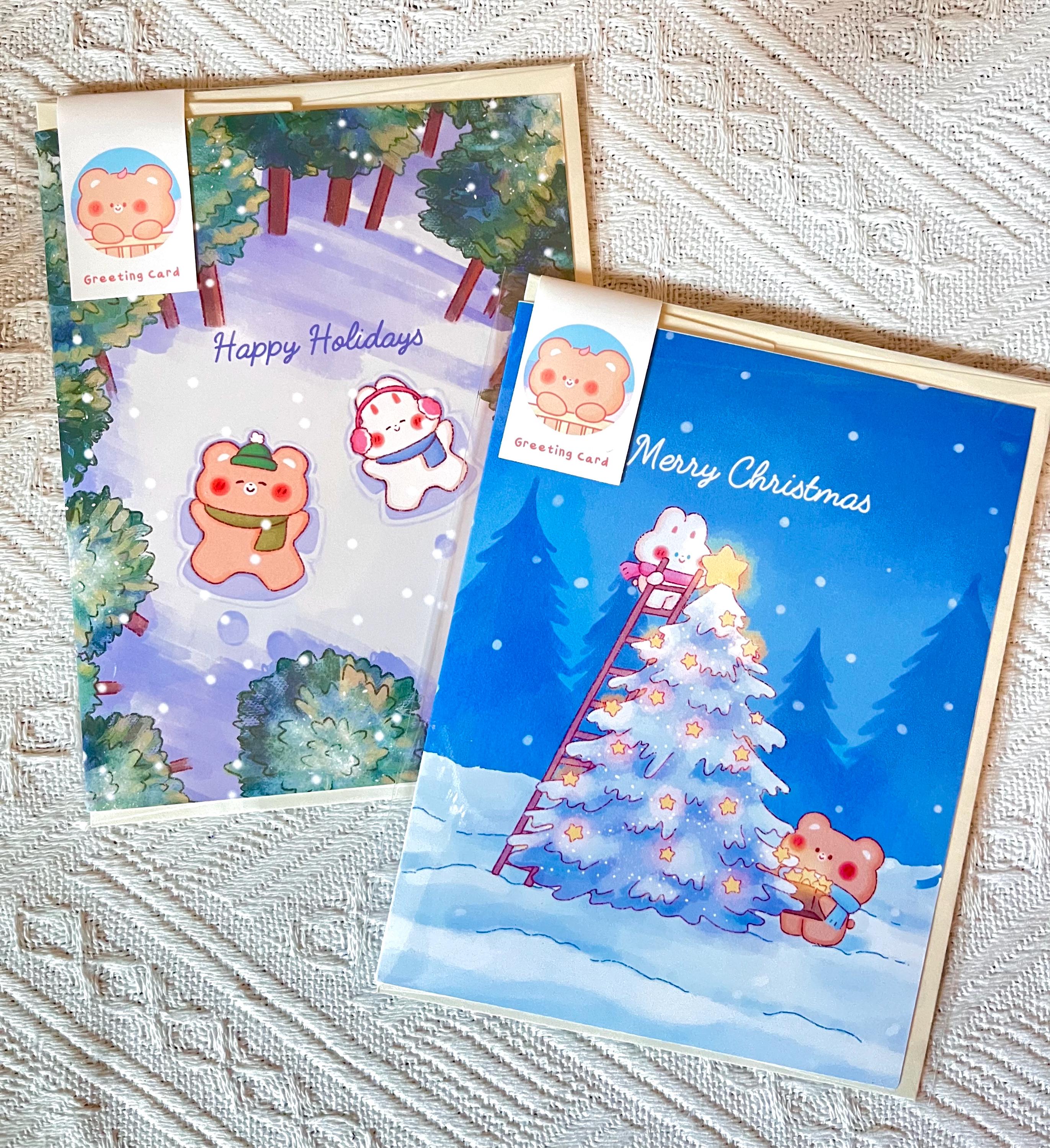 Christmas Card • Kawaii Bunny and Bear • Winter Tree • Snow Angel ...