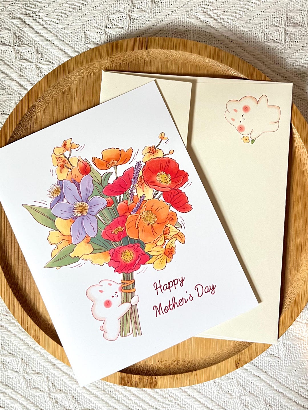 Happy Mother's Day Card • Bunny With Spring Bouquet (4.25 X 5.5 In) - Etsy