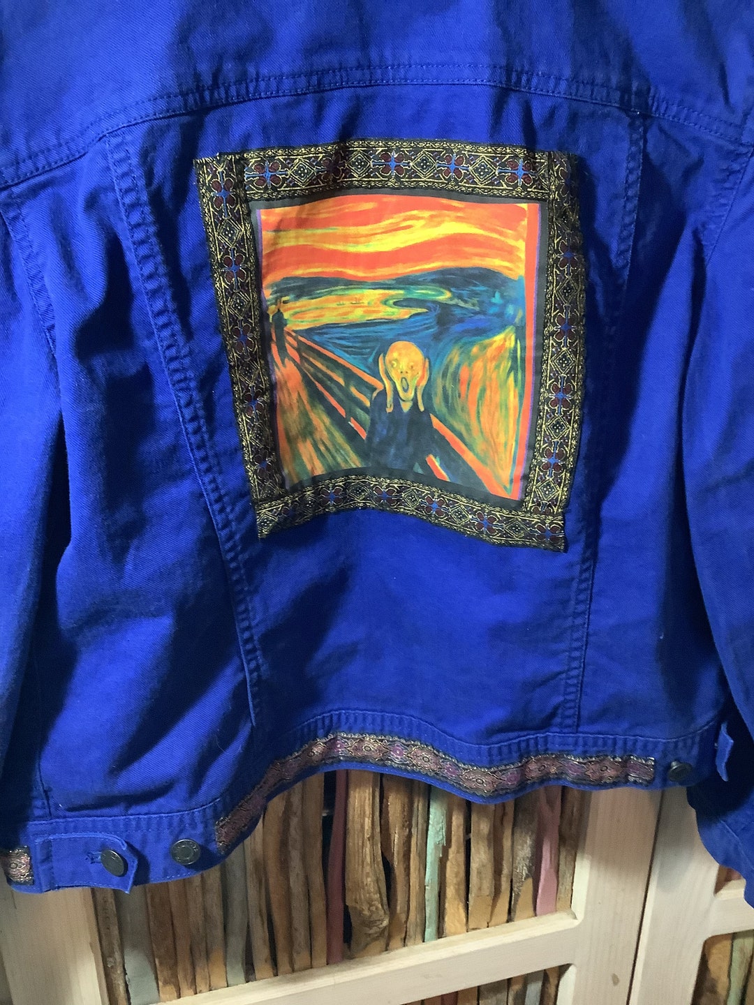 Upscale Blue Jean Jacket, L, the Scream Parody, Recycled Folk Art ...