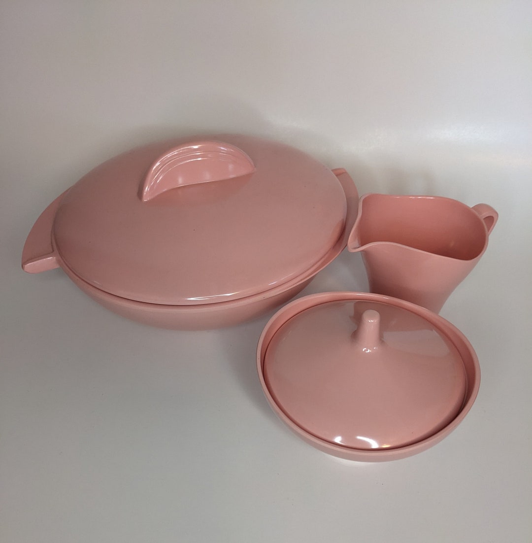Vintage Pink Boontonware Covered Dish / Cream and Sugar Set - Etsy