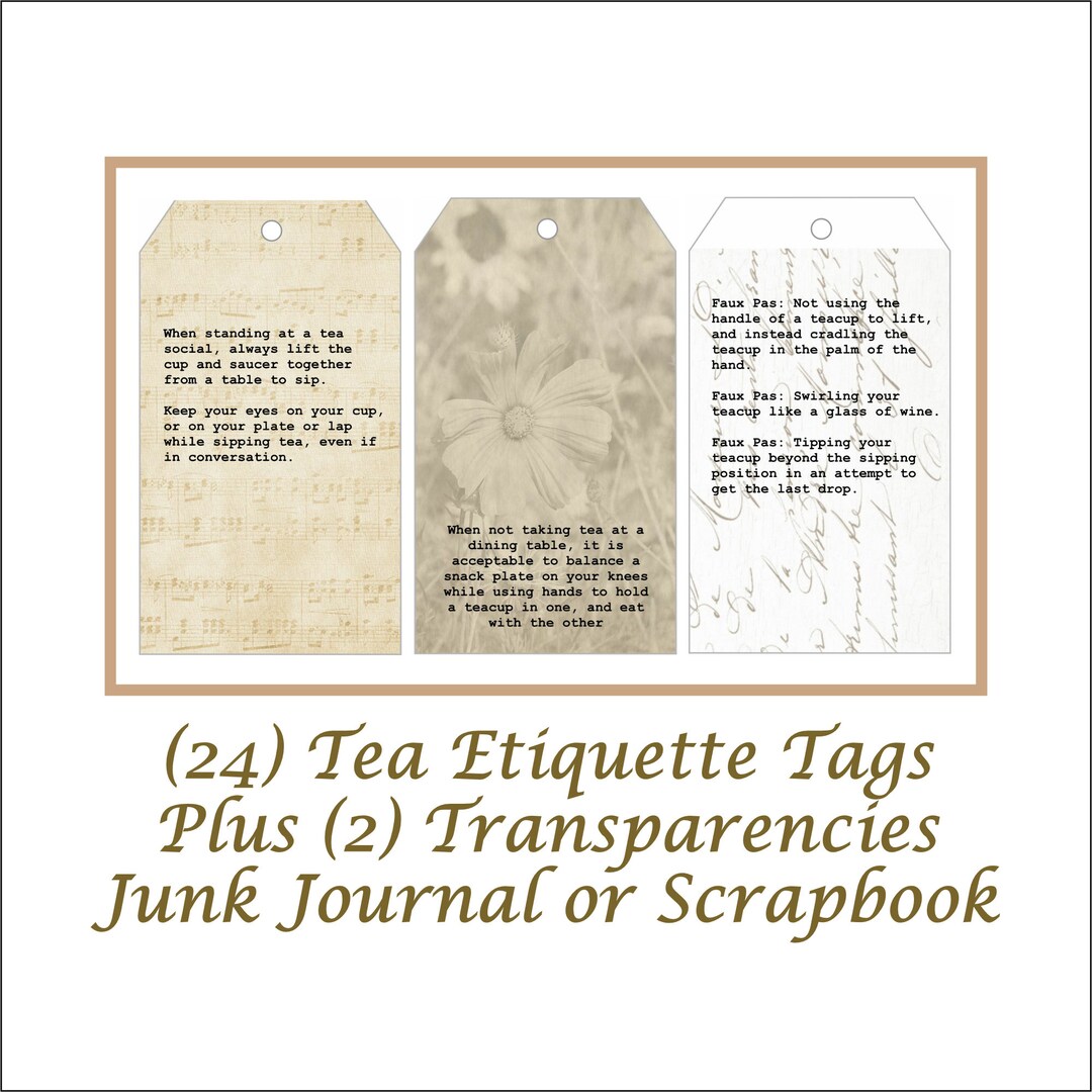 Tea Etiquette Tags+ for Scrapbook or Junk Journal - PRINTABLE Tags ...