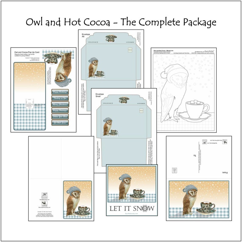 Owl and Hot Cocoa Package - PRINTABLE Greeting Cards, Postcard, 4-fold ...