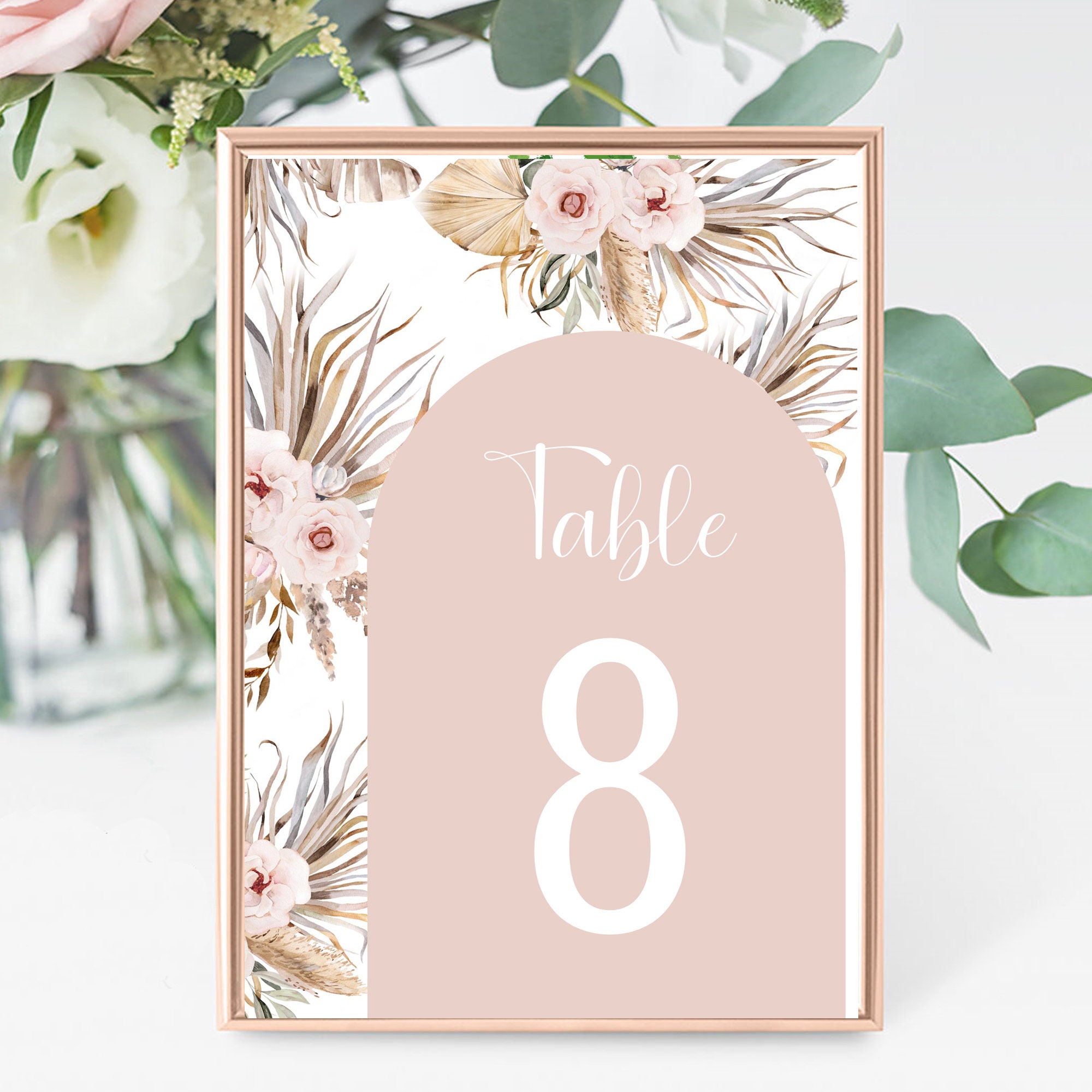 EDITABLE Boho Pink Pampas Grass Table Numbers, Baby Shower 5x7 Table ...