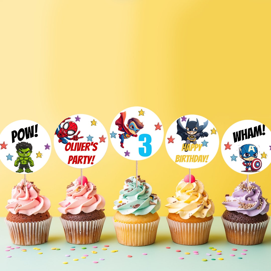 Superhero Birthday Boy Party Cupcake Toppers Template, Editable ...