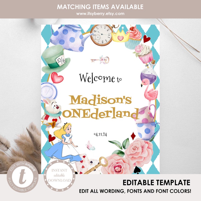 Alice in Wonderland Welcome Sign Template, Instant Editable Alice in ...