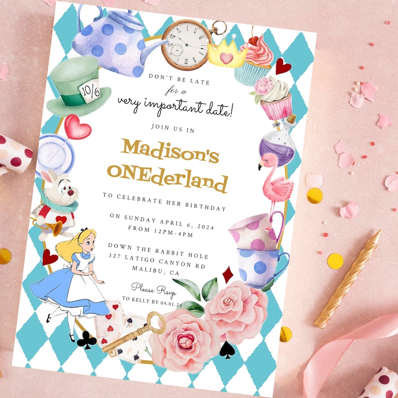 Alice in Wonderland Birthday Invitation Template, Instant Editable ...
