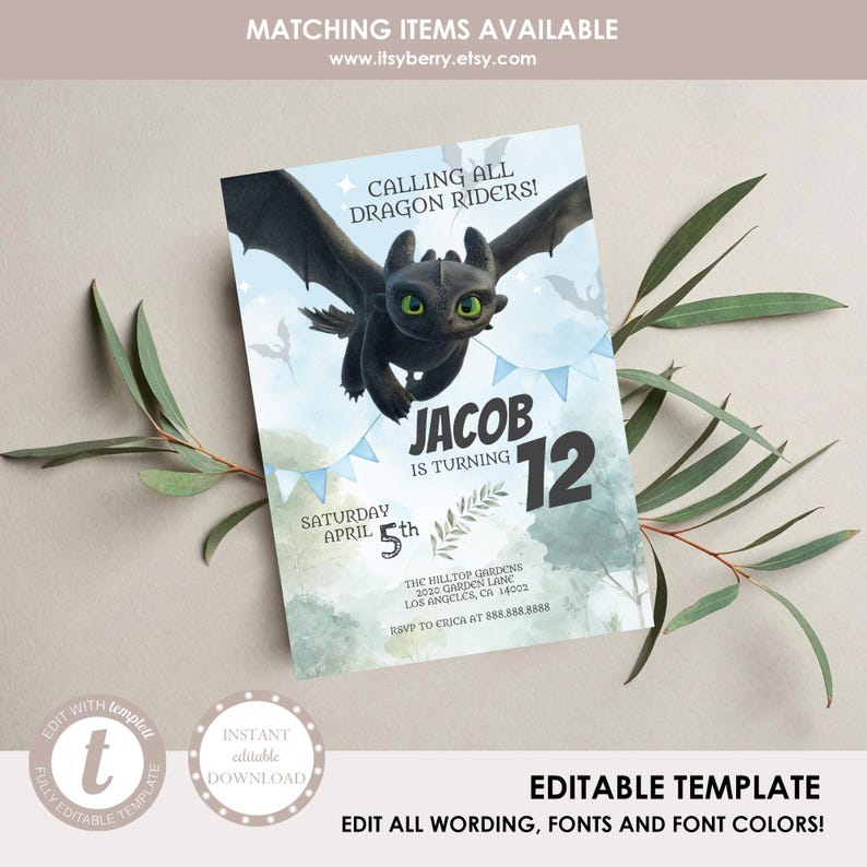 Dragon Party Birthday Invitation Template, Instant Editable Kids Viking ...