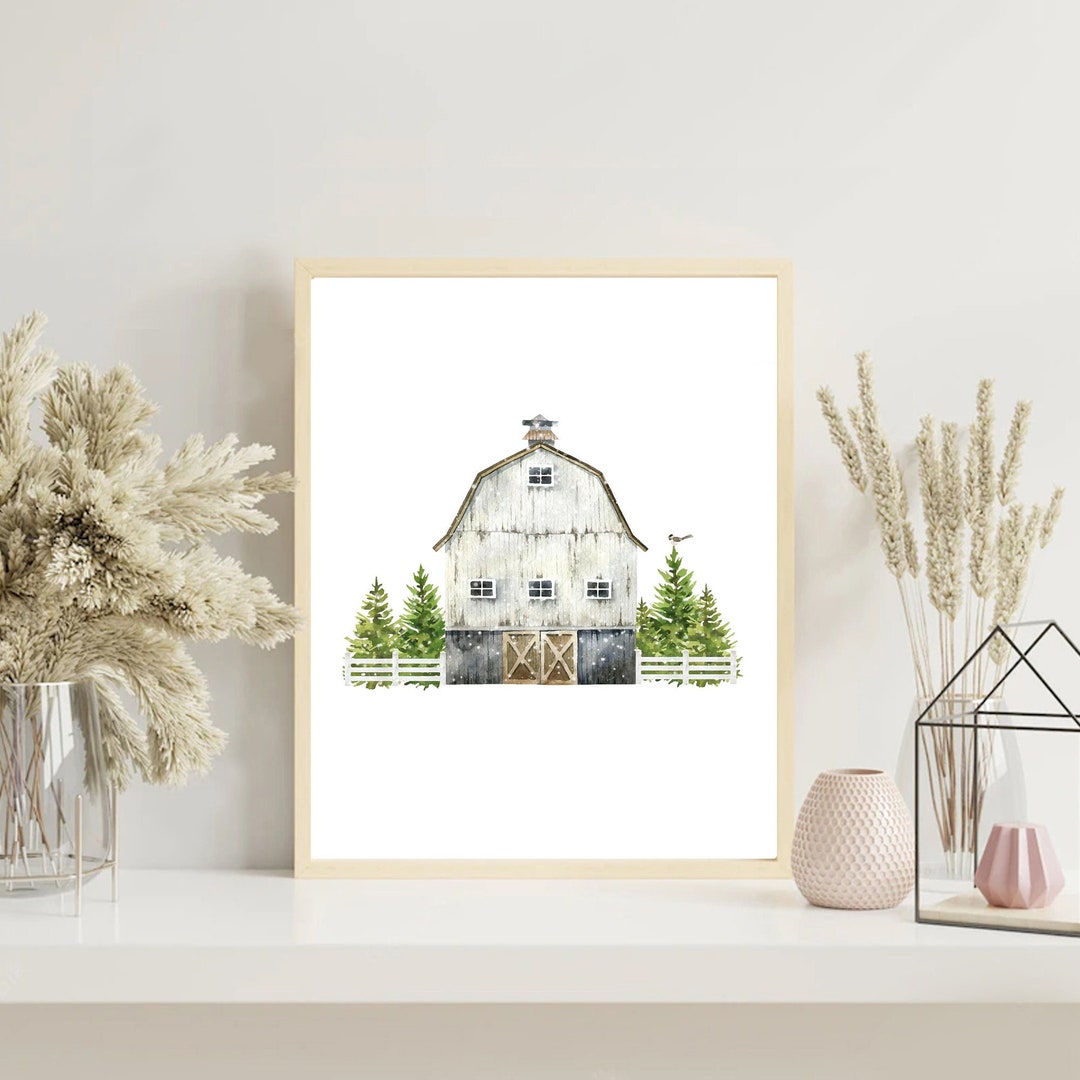 Winter Barn Printable, Holiday Wall Art, Snowy Farmhouse Christmas ...