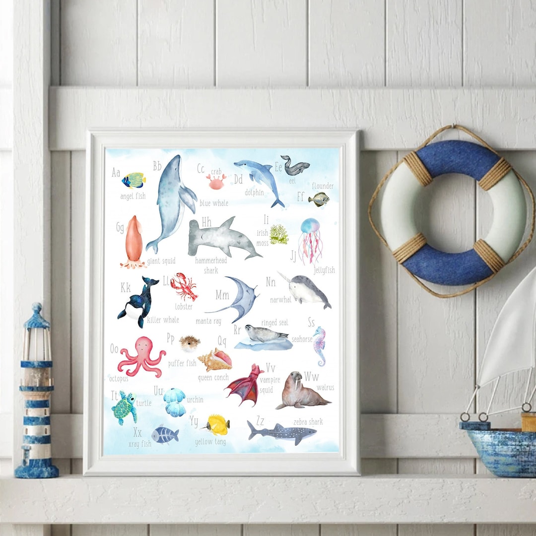Ocean Animals Nursery Print, Under the Sea Alphabet Wall Art, Nautical ...