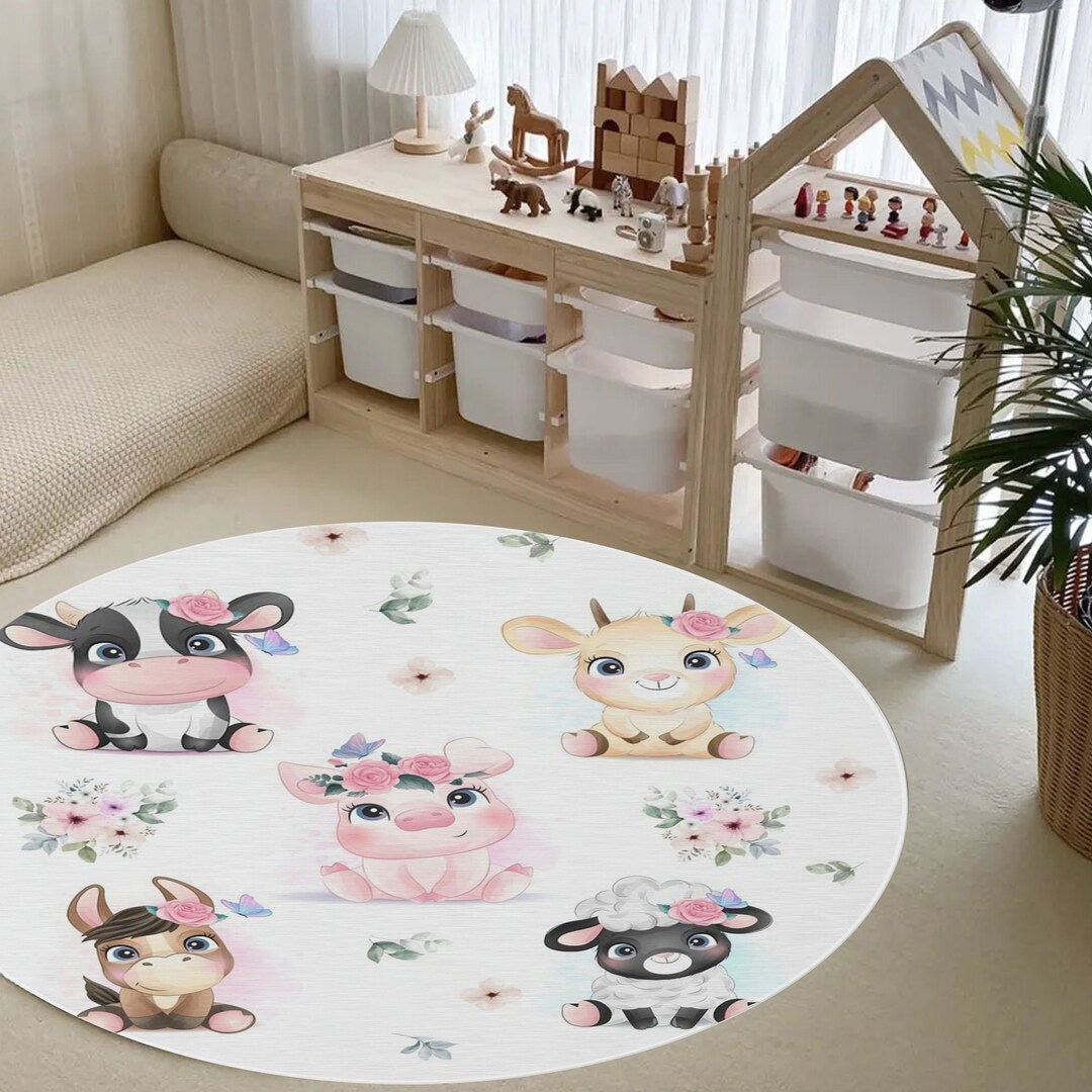 Barnyard Nursery Decor Rug, Cute Farm Animals Nursery Rug, Round Area ...