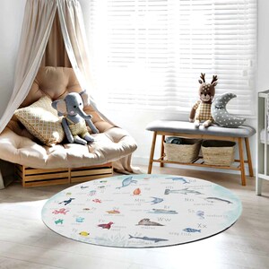 Ocean Animals Nursery Rug, Under the Sea Nursery Alphabet Rug, Round ...