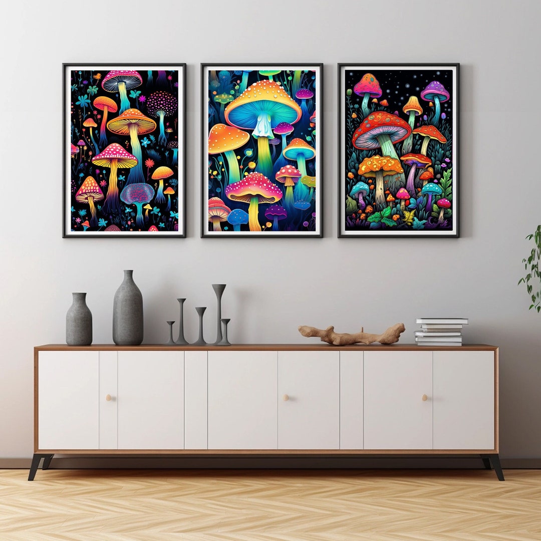 Retro Psychedelic Mushroom Pattern Wall Art Set of 3, 70s Groovy Era ...
