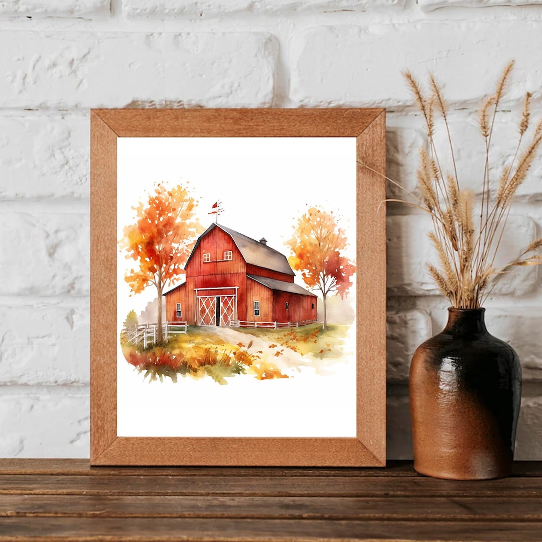 Fall Farmhouse Wall Art Print, Rustic Red Barnyard Home Decor ...