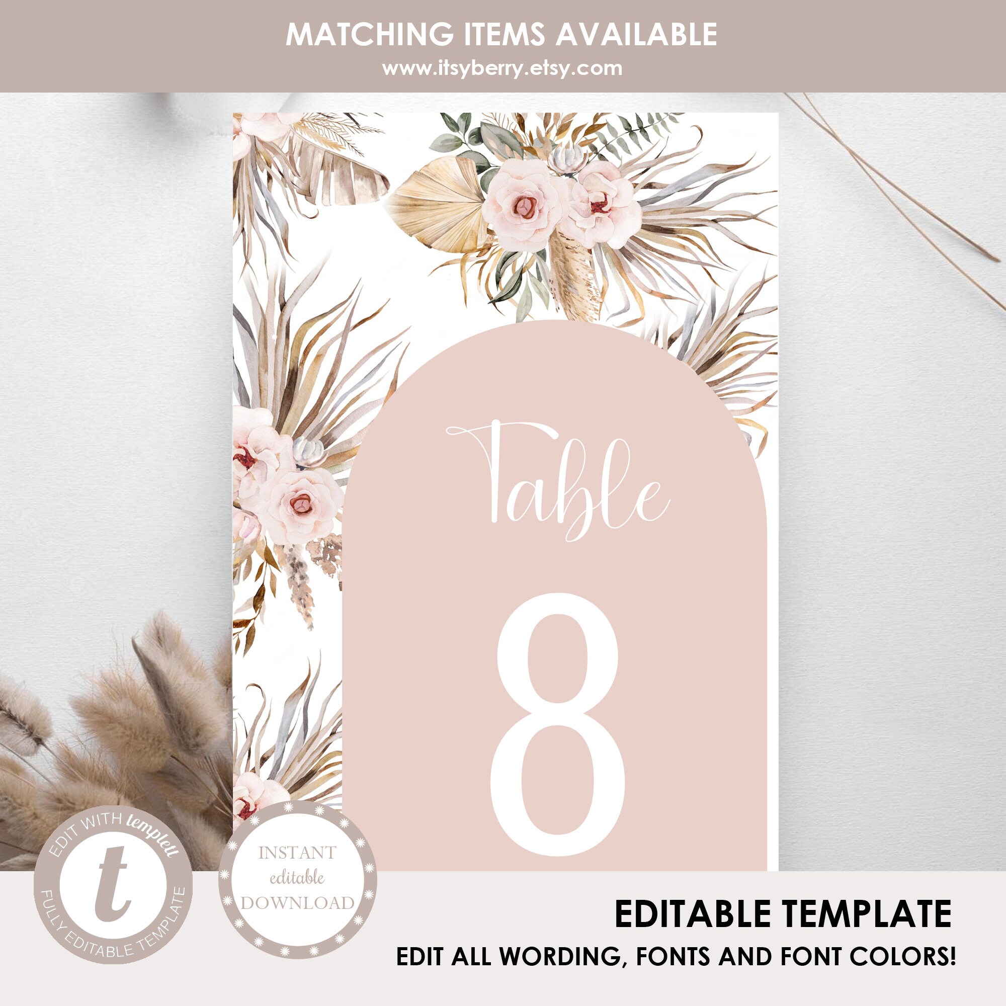 EDITABLE Boho Pink Pampas Grass Table Numbers, Baby Shower 5x7 Table ...