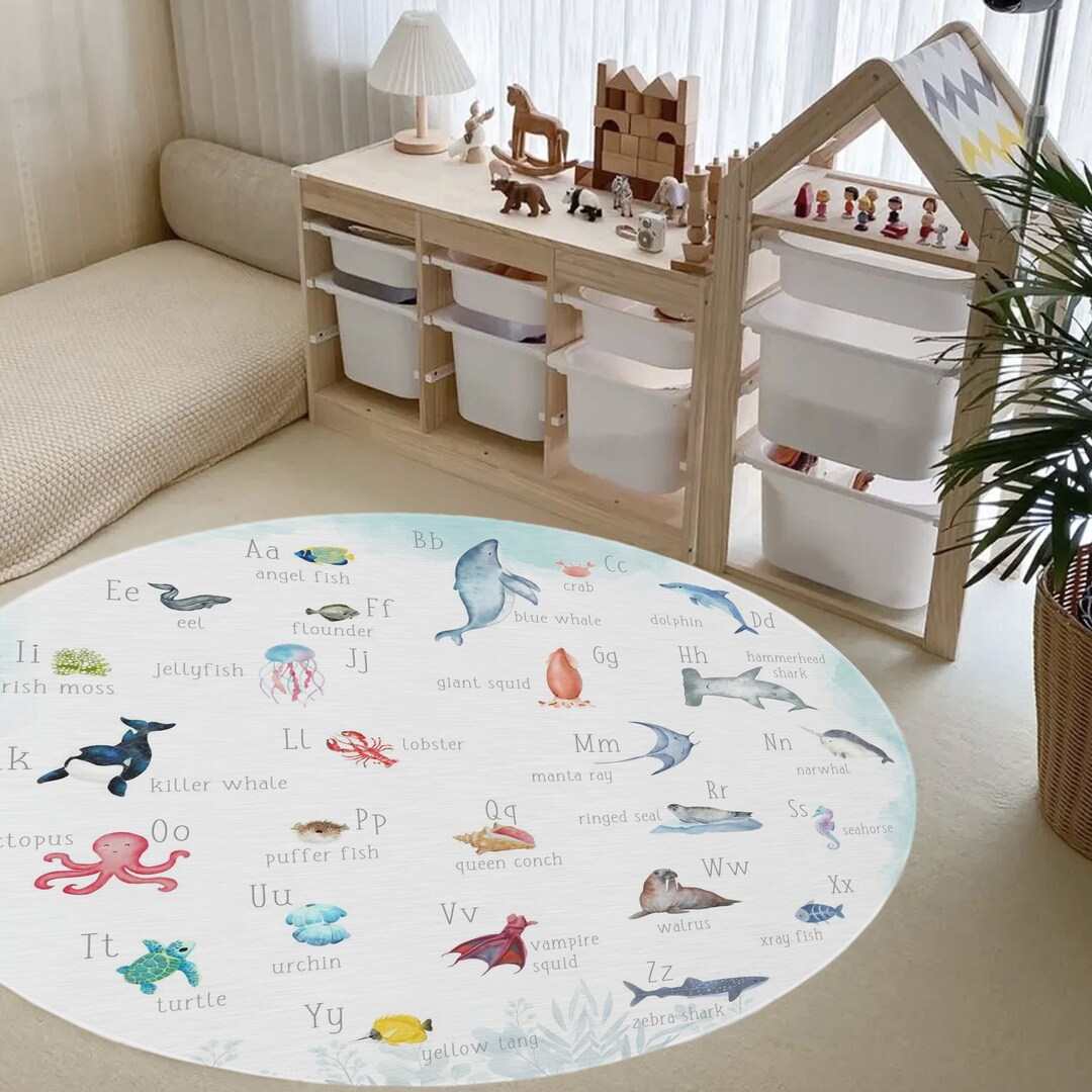 Ocean Animals Nursery Rug, Under the Sea Nursery Alphabet Rug, Round ...