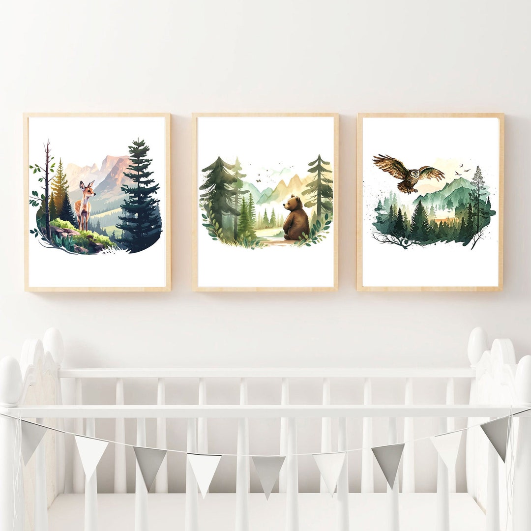 Mountain Nursery Watercolor Prints Set of 3, Woodland Nursery Decor ...