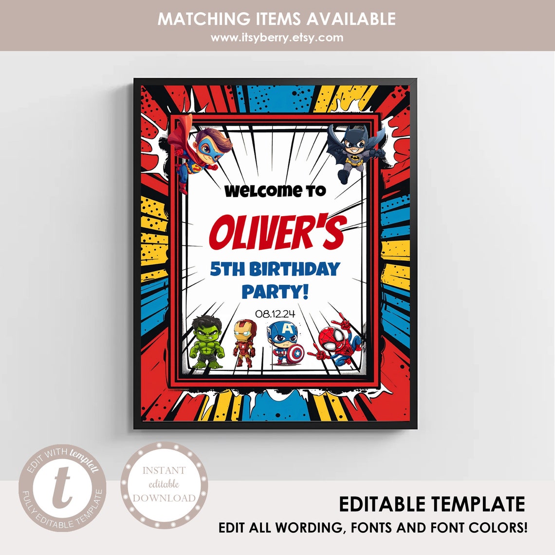 Superhero Birthday Party Welcome Sign Template, Instant Editable ...