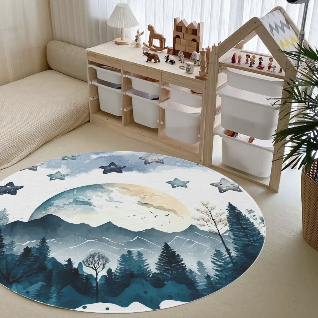 Mountain Nursery Decor, Starry Night Nursery Rug, Round Area Rug for ...