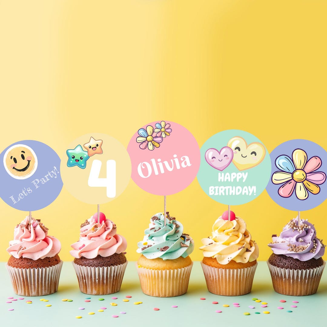 Instant Editable Retro Birthday Cupcake Toppers Template, Smiley Face ...