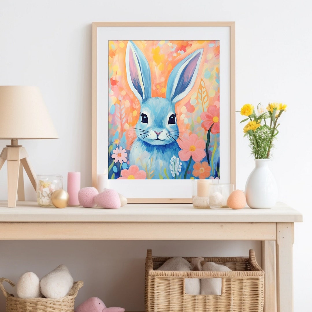 Whimsical Easter Bunny Art Print, Instant Easter Home Decor Prints ...