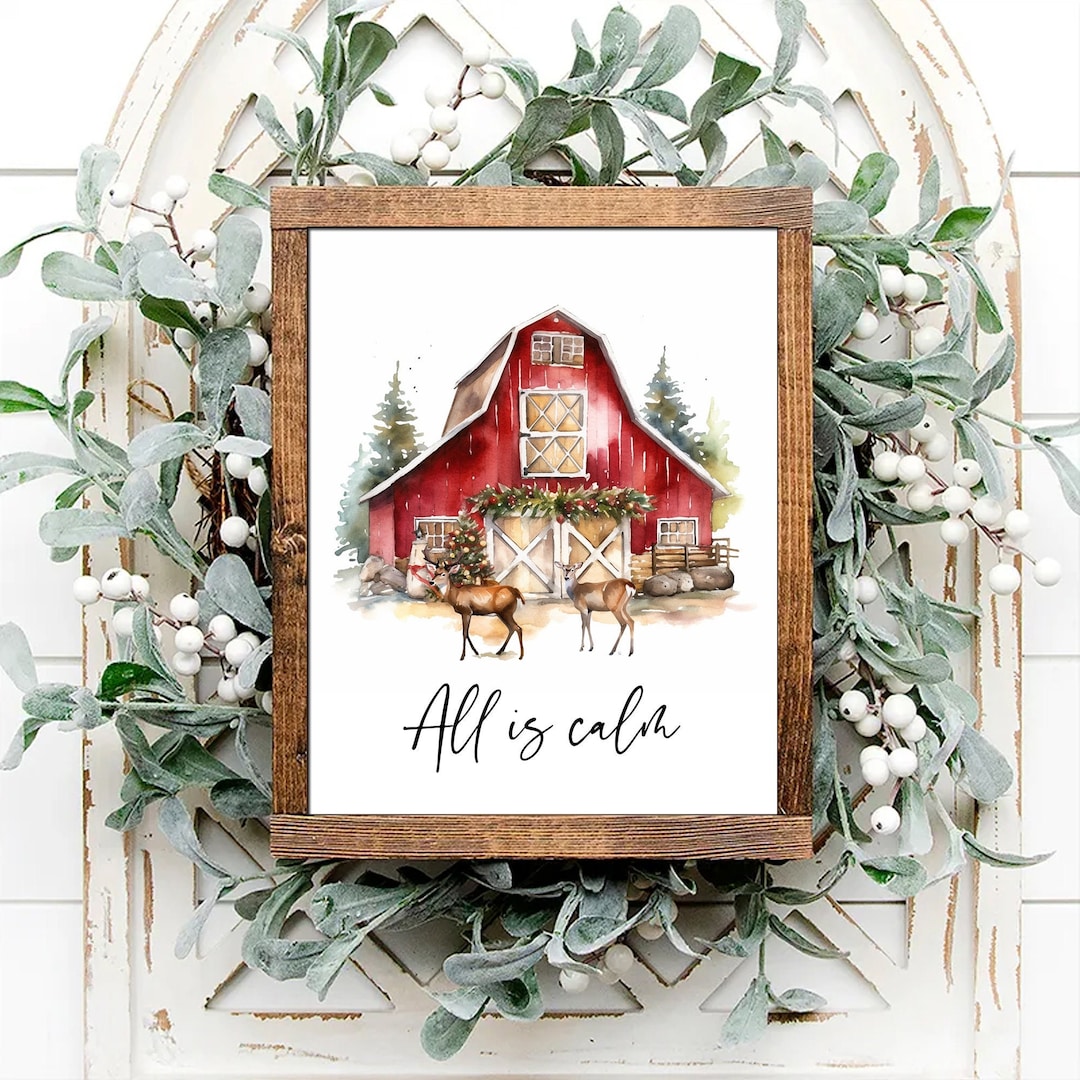 All is Calm Farmhouse Christmas Wall Art, Festive Red Barn Christmas ...