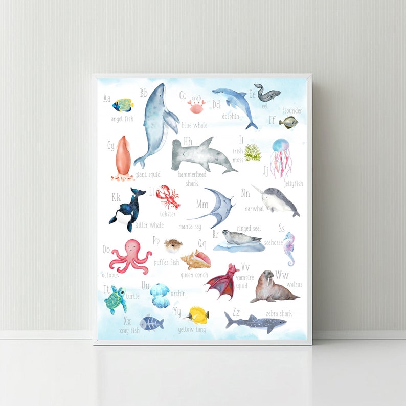 Ocean Animals Nursery Print, Under the Sea Alphabet Wall Art, Nautical ...