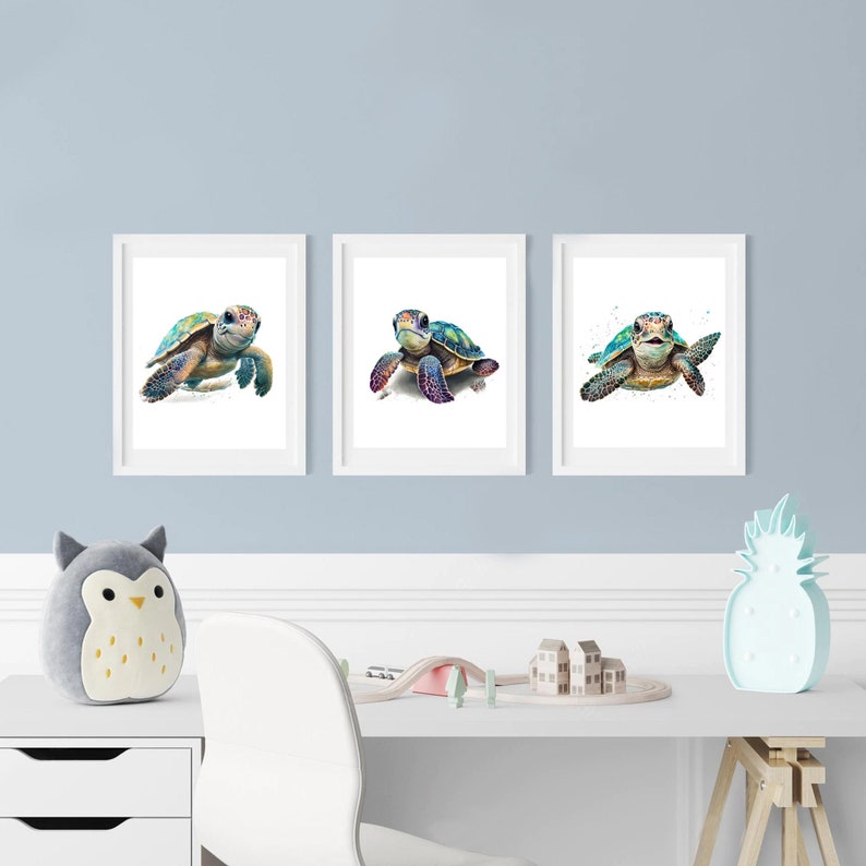 Set of 3 Sea Turtle Prints, Ocean Themed Nursery Decor, Watercolor Baby ...