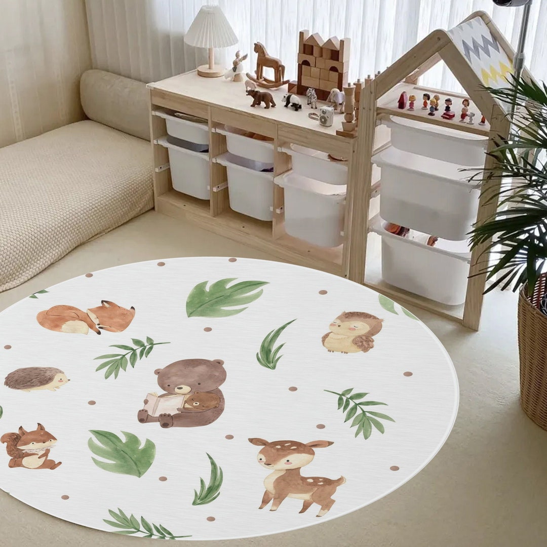 Woodland Nursery Decor Rug, Cute Forest Animals Nursery Rug, Round Area ...