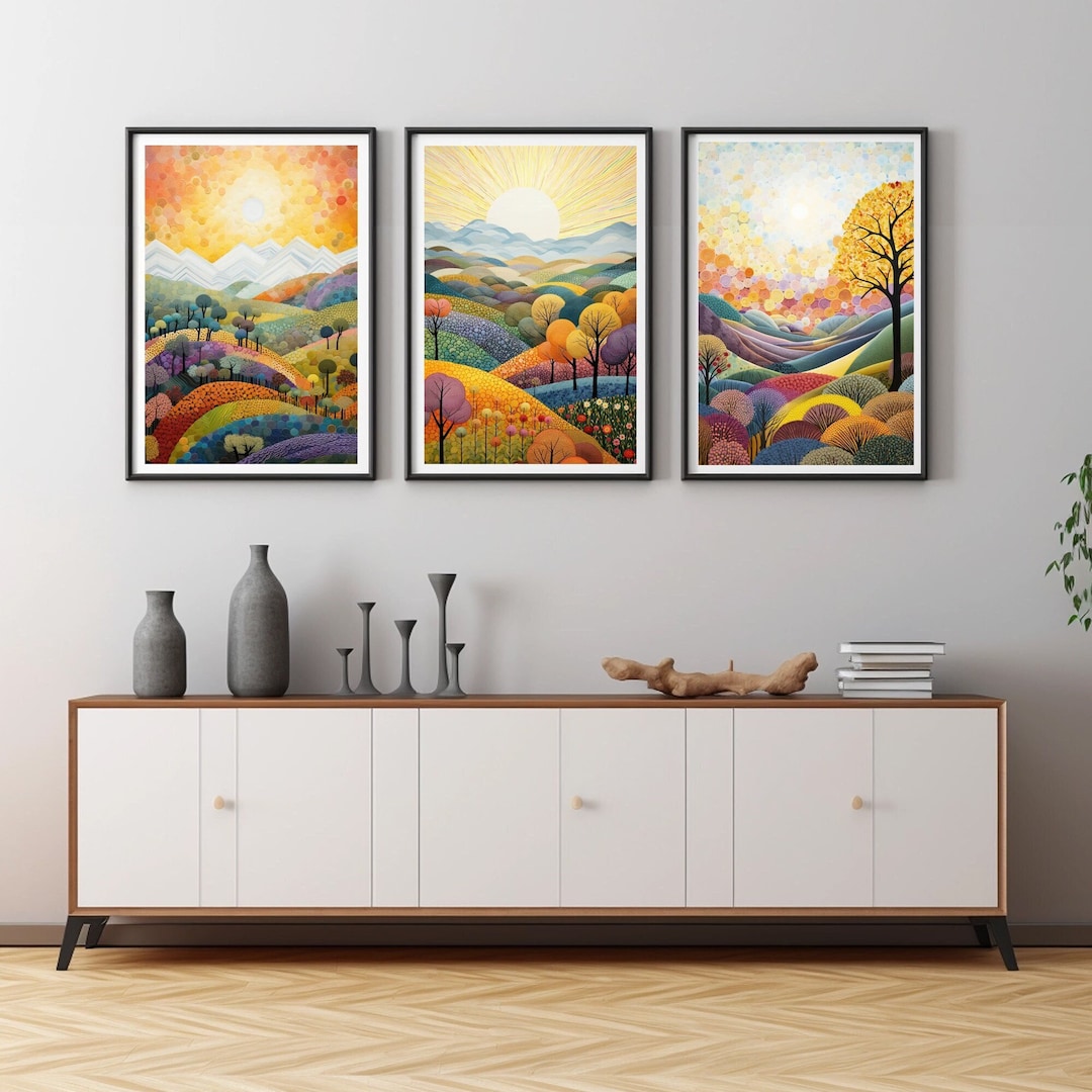 Pointillism Abstract Mountain Landscape Artwork, Set of 3 Colorful ...