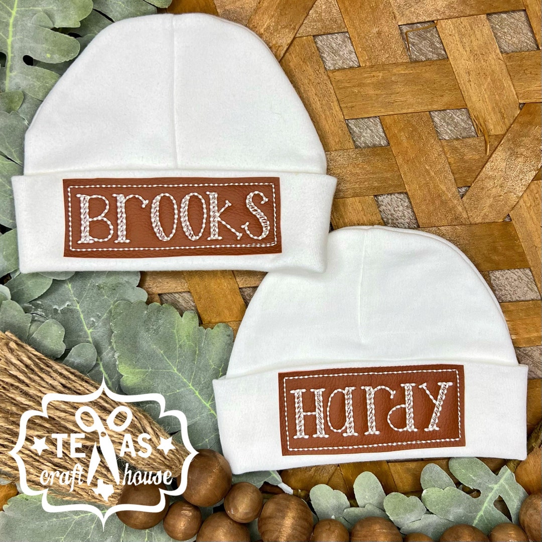 Monogrammed Newborn Baby Hat With Faux Leather Patch - Embroidered ...