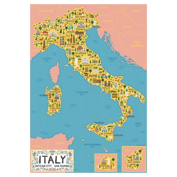 Illustrated Map of Italy - Etsy