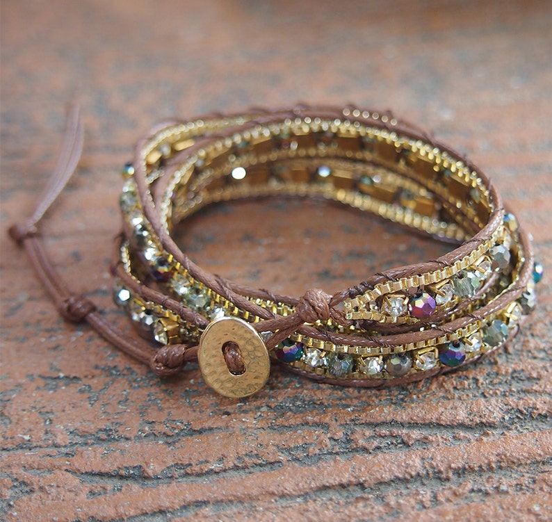 Green Mix Wrap Bracelet With Chain Boho Bracelet Bohemian Etsy
