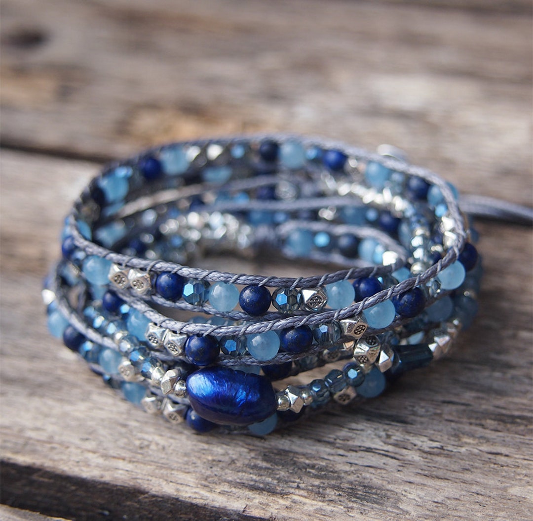 Dark Blue Stone Mix Wrap Bracelet, Boho Bracelet, Bohemian Bracelet ...